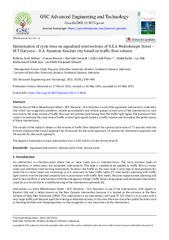 Pdf Optimization Of Cycle Time On Signalized Intersections Of Hea