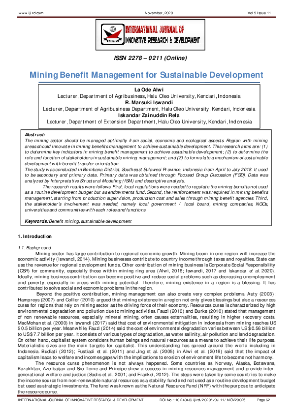 (PDF) Mining Benefit Management for Sustainable Development