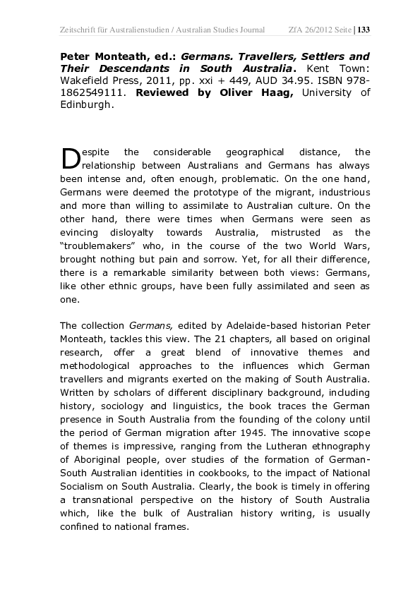 (PDF) Peter Monteath, ed.: Germans. Travellers, Settlers and Their ...