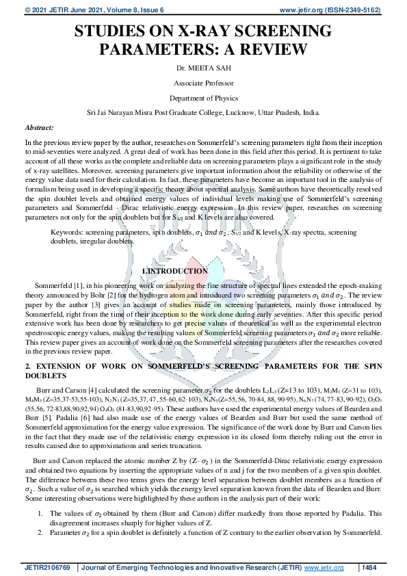 (PDF) Studies on X-Ray Screening Parameters: A Review