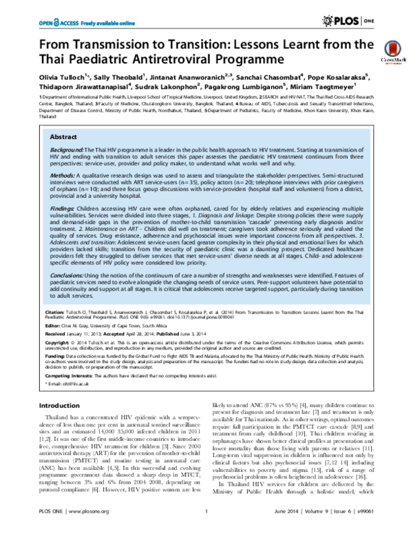 (PDF) From Transmission to Transition: Lessons Learnt from the Thai Paediatric Antiretroviral ...