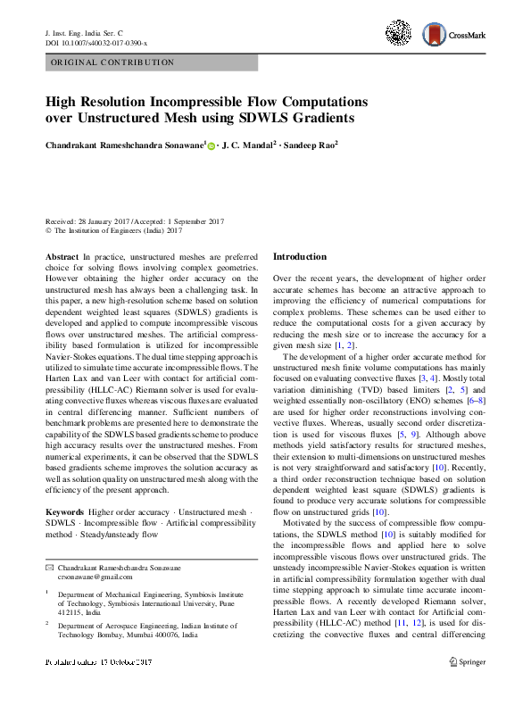 Pdf High Resolution Incompressible Flow Computations Over Unstructured Mesh Using Sdwls