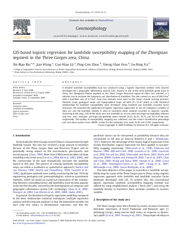 (PDF) GIS-based logistic regression for landslide susceptibility mapping of the Zhongxian ...