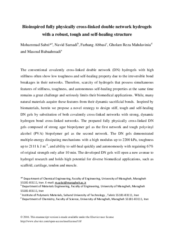(PDF) Bioinspired fully physically cross-linked double network hydrogels with a robust, tough ...