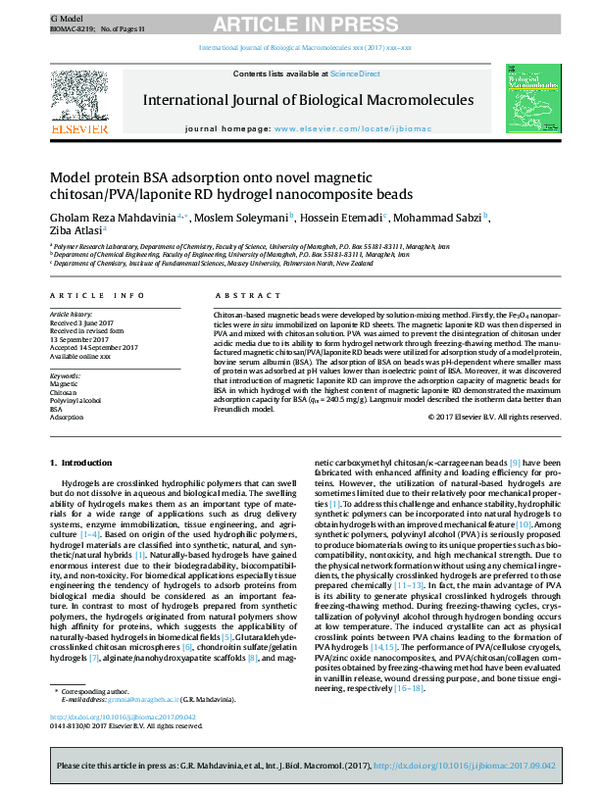(PDF) Model protein BSA adsorption onto novel magnetic chitosan/PVA ...