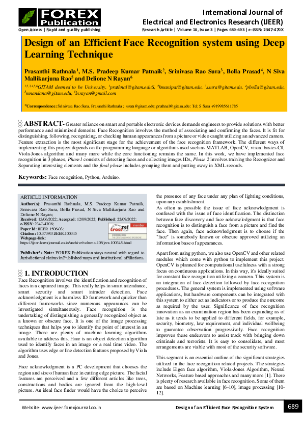Pdf Design Of An Efficient Face Recognition System Using Deep Learning Technique
