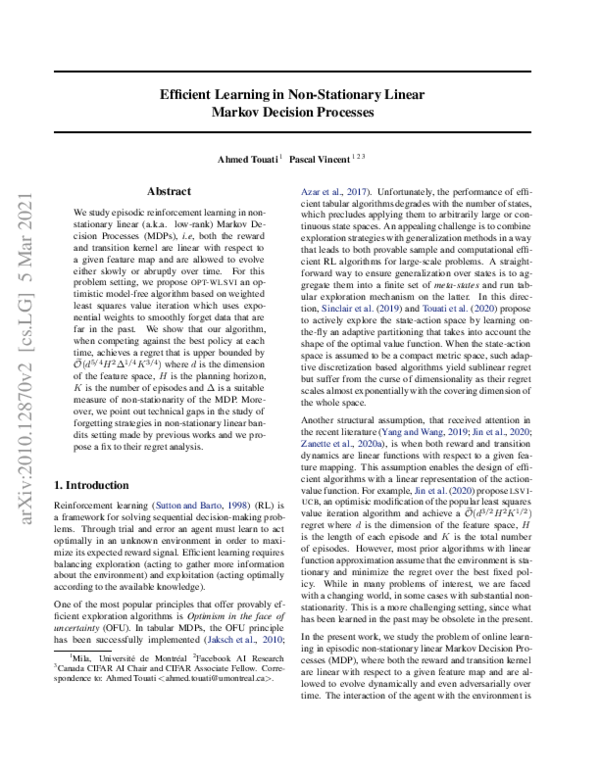 (PDF) Efficient Learning in Non-Stationary Linear Markov Decision Processes