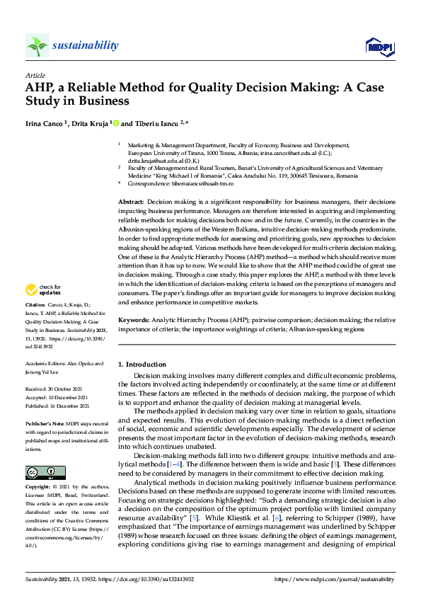 (PDF) AHP, a Reliable Method for Quality Decision Making: A Case Study ...