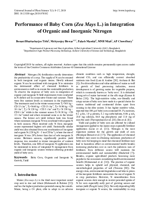(PDF) Performance of Baby Corn (Zea Mays L.) in Integration of Organic and Inorganic Nitrogen ...