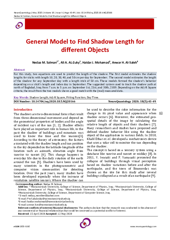 (PDF) General Model to Find Shadow Length for different Objects