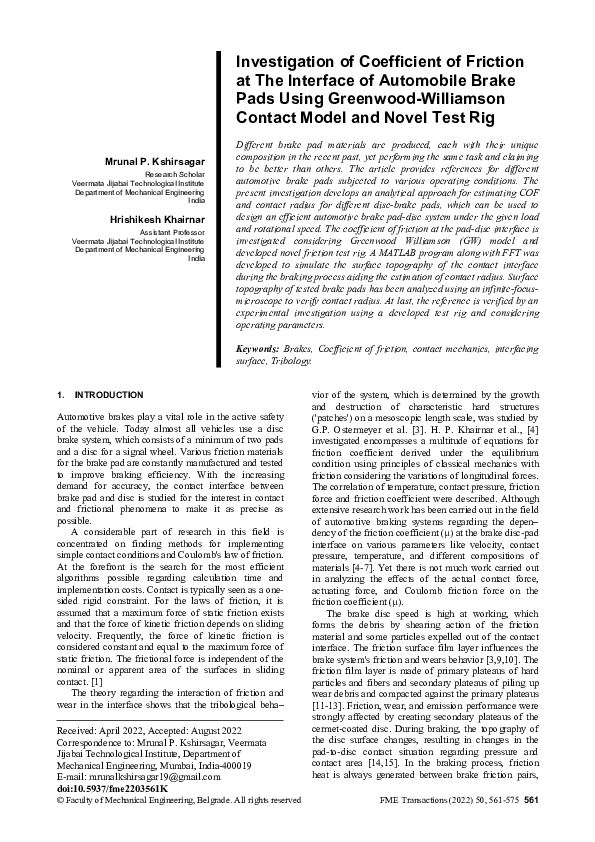 Pdf Investigation Of Coefficient Of Friction At The Interface Of Automobile Brake Pads Using
