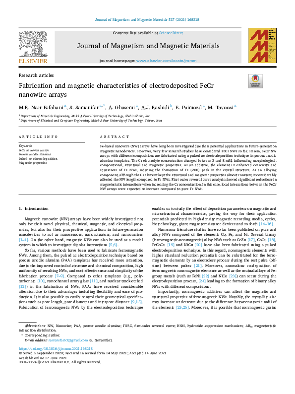 (PDF) Fabrication and magnetic characteristics of electrodeposited FeCr ...