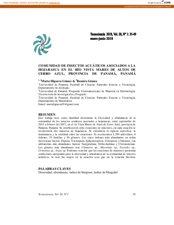 (PDF) Comunidad De Insectos Acuáticos Asociados a La Hojarasca en El ...