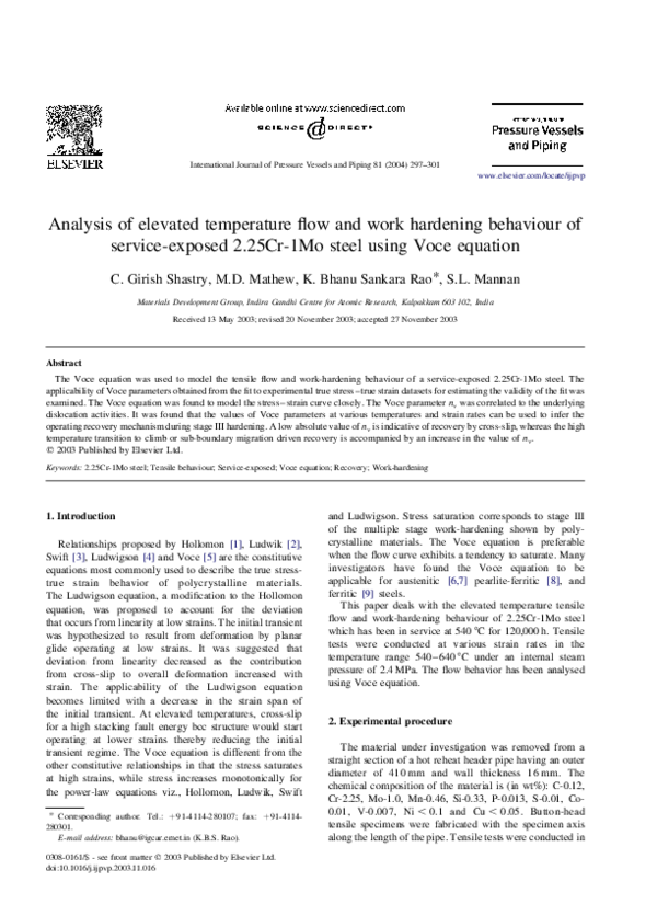 (PDF) Analysis of elevated temperature flow and work hardening ...
