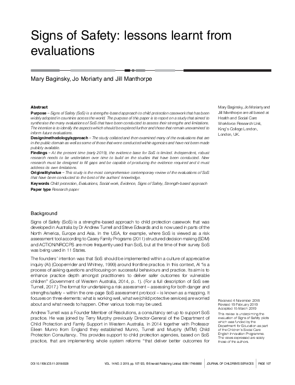 (PDF) Signs of Safety: lessons learnt from evaluations