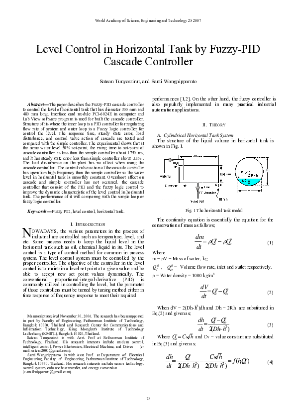 (PDF) Level Control in Horizontal Tank by Fuzzy-PID Cascade Controller
