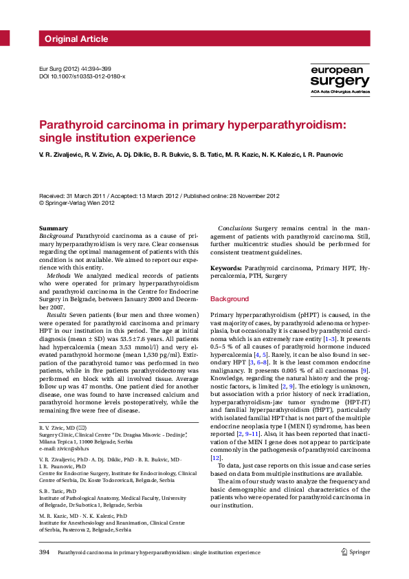 (PDF) Parathyroid carcinoma in primary hyperparathyroidism: single ...