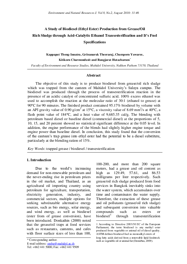 (PDF) A Study of Biodiesel (Ethyl Ester) Production from Grease/Oil Rich Sludge through Acid ...