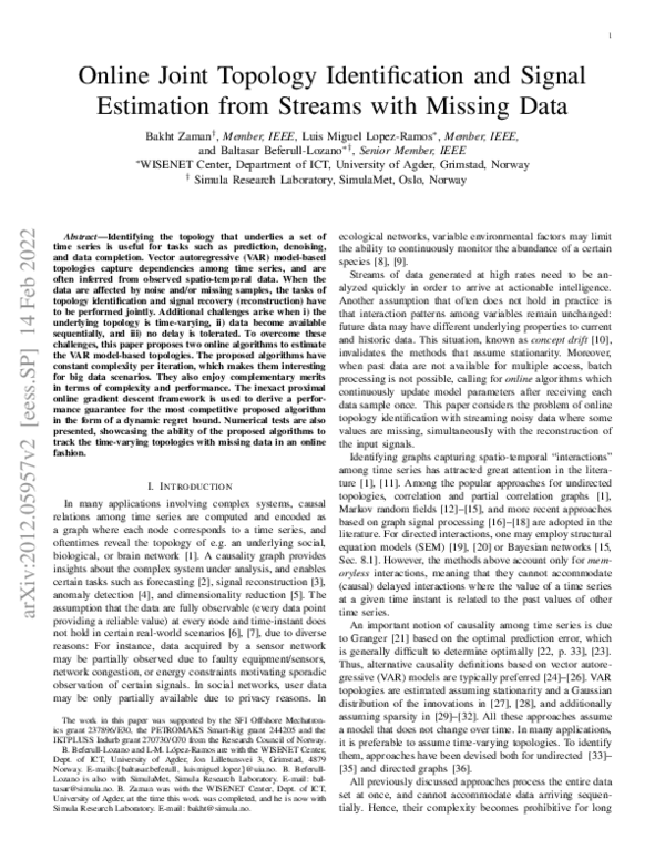Pdf Online Joint Topology Identification And Signal Estimation From Streams With Missing Data
