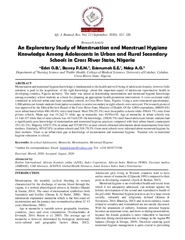 (PDF) An Exploratory Study of Menstruation and Menstrual Hygiene ...