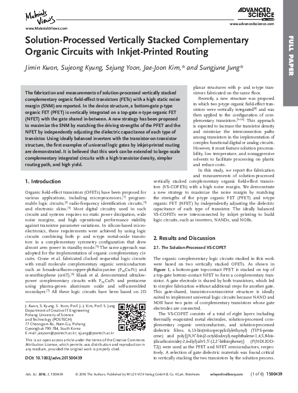 (PDF) Solution‐Processed Vertically Stacked Complementary Organic Circuits with Inkjet‐Printed ...