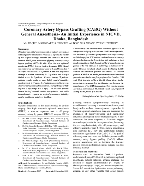 (PDF) Coronary Artery Bypass Grafting (CABG) without General ...