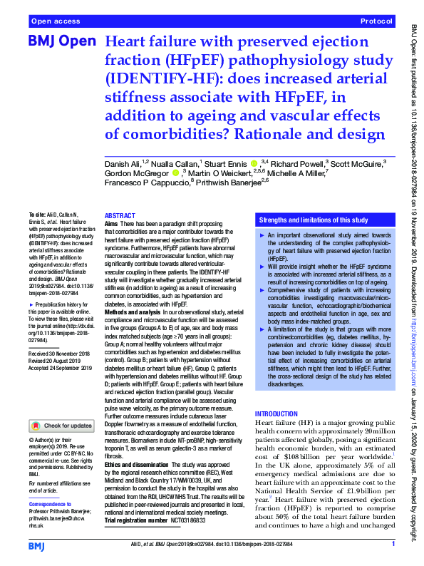 (PDF) Heart failure with preserved ejection fraction (HFpEF) pathophysiology study (IDENTIFY-HF ...