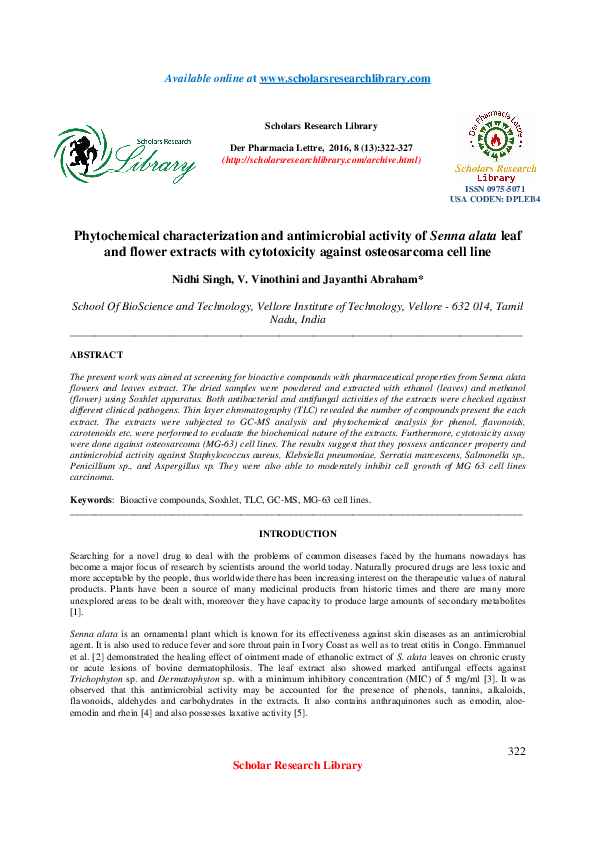 (PDF) Phytochemical characterization and antimicrobial activity of Senna alata leafand flower ...