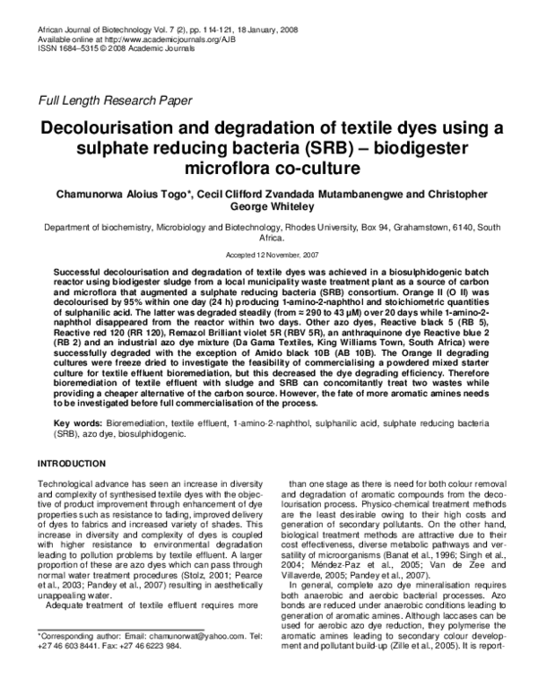 (PDF) Decolourisation and degradation of textile dyes using a sulphate ...