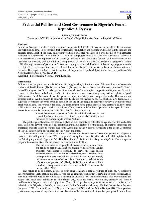 (PDF) Prebendal Politics and Good Governance in Nigeria’s Fourth ...