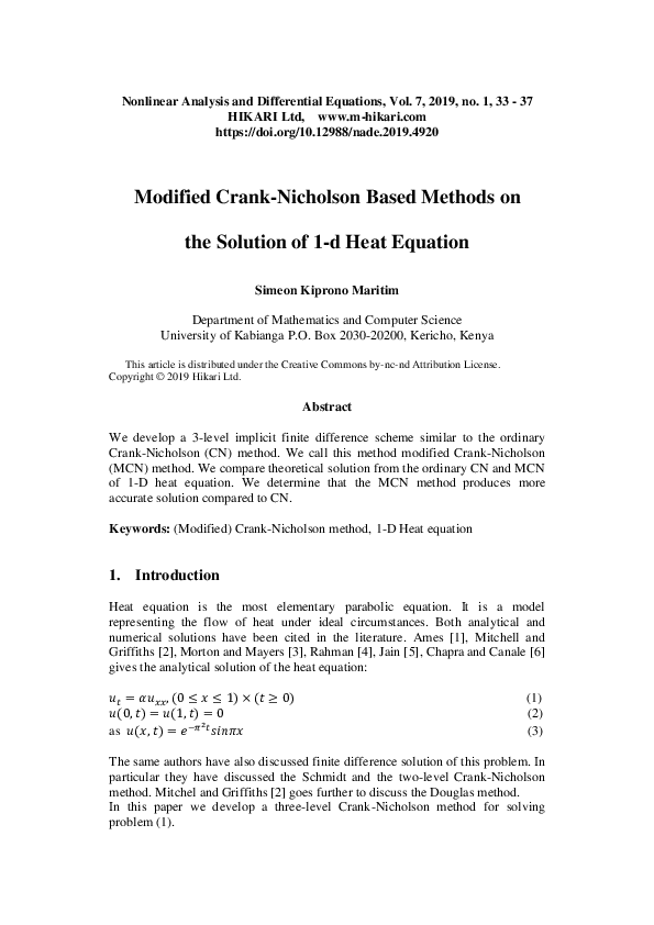 (PDF) Modified Crank-Nicholson based methods on the solution of 1-d ...