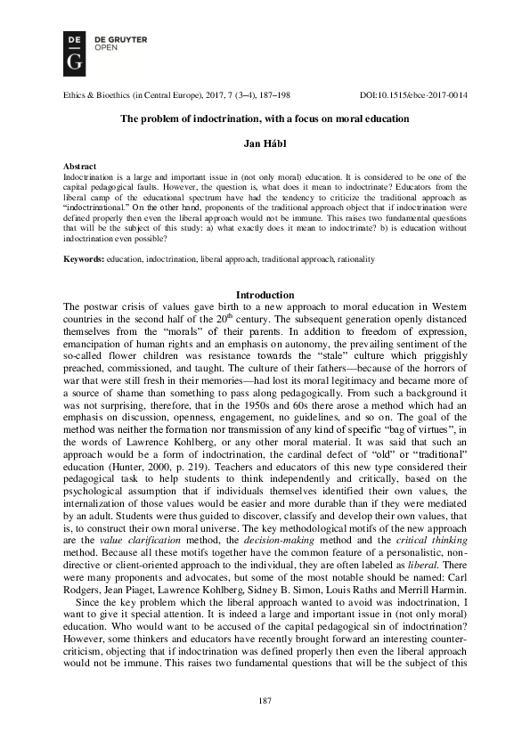 (PDF) The problem of indoctrination, with a focus on moral education
