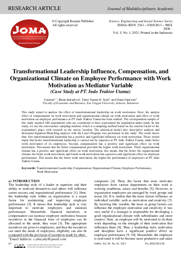 (PDF) Transformational Leadership Influence, Compensation, and Organizational Climate on ...