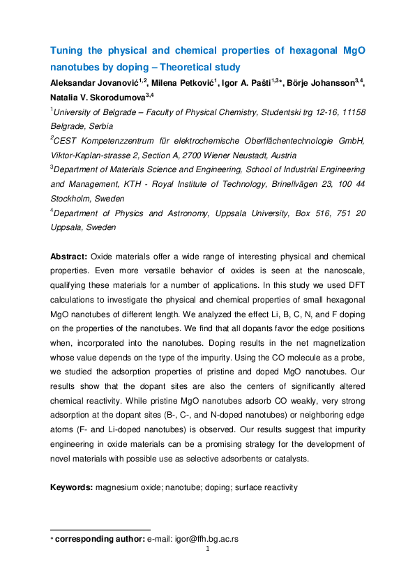 Tuning the physical and chemical properties of hexagonal MgO nanotubes ...