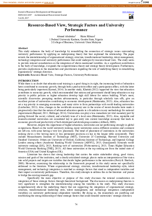 (PDF) Resource-Based View, Strategic Factors and University Performance