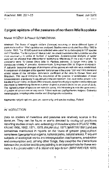 (PDF) Epigeic spiders of the pastures of northern Wielkopolska