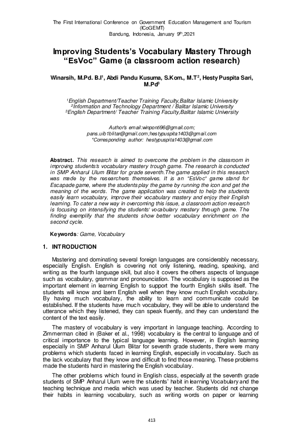 Pdf Improving Students S Vocabulary Mastery Through Esvoc Game A