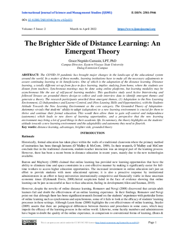 (PDF) The Brighter Side of Distance Learning: An Emergent Theory ...