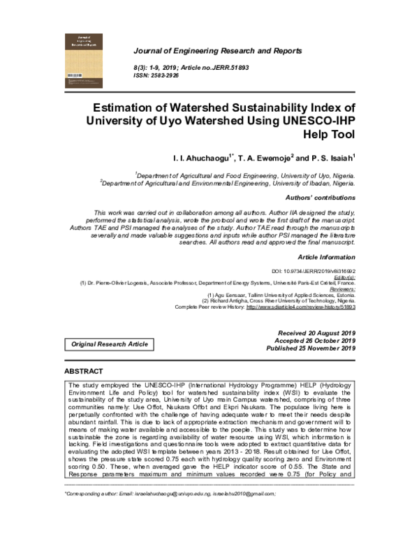 (PDF) Estimation of Watershed Sustainability Index of University of Uyo Watershed Using UNESCO ...