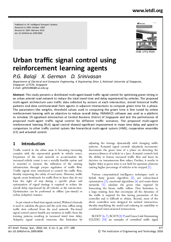 Pdf Urban Traffic Signal Control Using Reinforcement Learning Agents