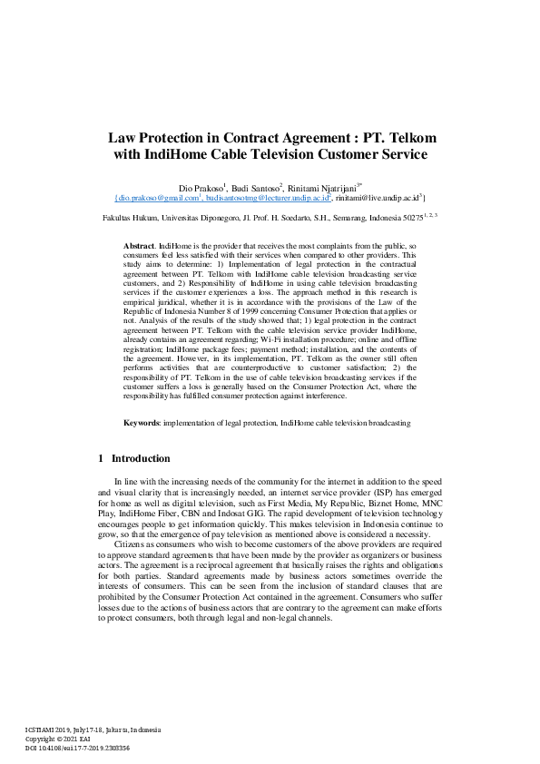 (PDF) Law Protection in Contract Agreement : PT. Telkom with IndiHome ...