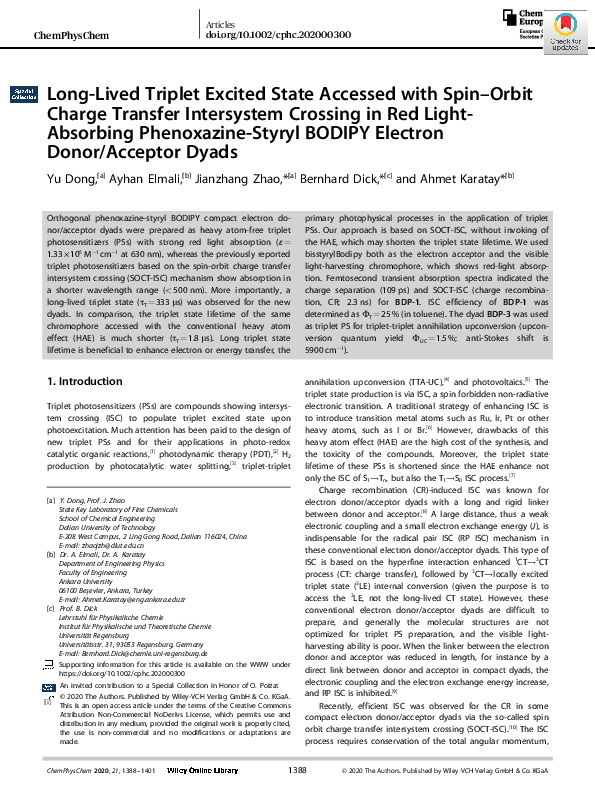 (PDF) Long‐Lived Triplet Excited State Accessed with Spin–Orbit Charge ...
