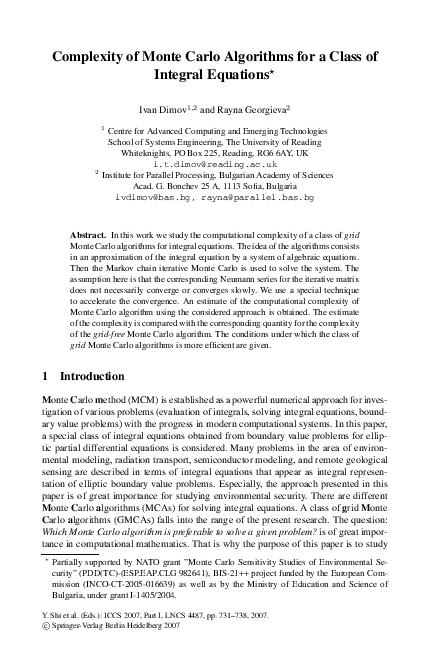 Pdf Complexity Of Monte Carlo Algorithms For A Class Of Integral