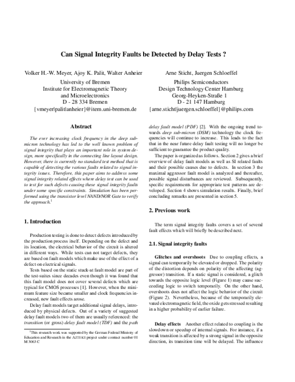 (PDF) Can Signal Integrity Faults Be Detected By Delay Tests?