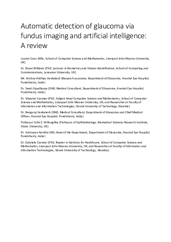 (PDF) Automatic detection of glaucoma via fundus imaging and artificial intelligence: A review