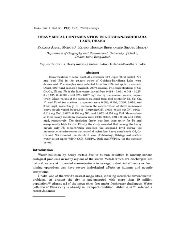 (PDF) Heavy metal contamination in Gulshan-Baridhara lake, Dhaka | SIRAJUL HOQUE - Academia.edu