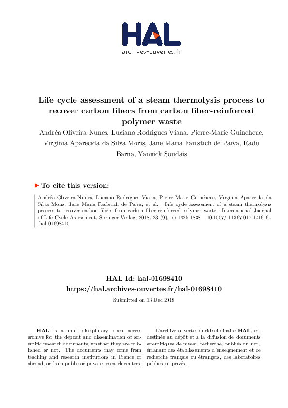 (PDF) Life cycle assessment of a steam thermolysis process to recover ...