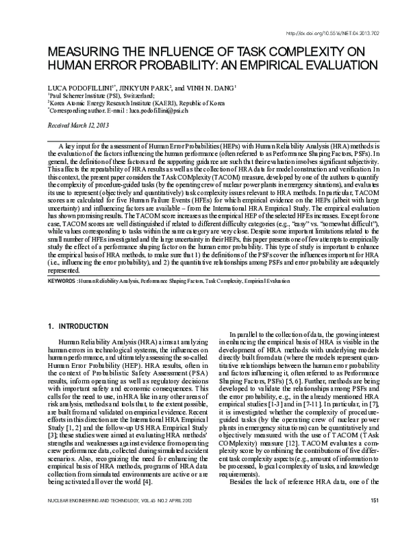 (PDF) Measuring the Influence of Task Complexity on Human Error Probability: An Empirical Evaluation