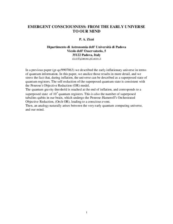 (PDF) Emergent Consciousness: From the Early Universe to Our Mind