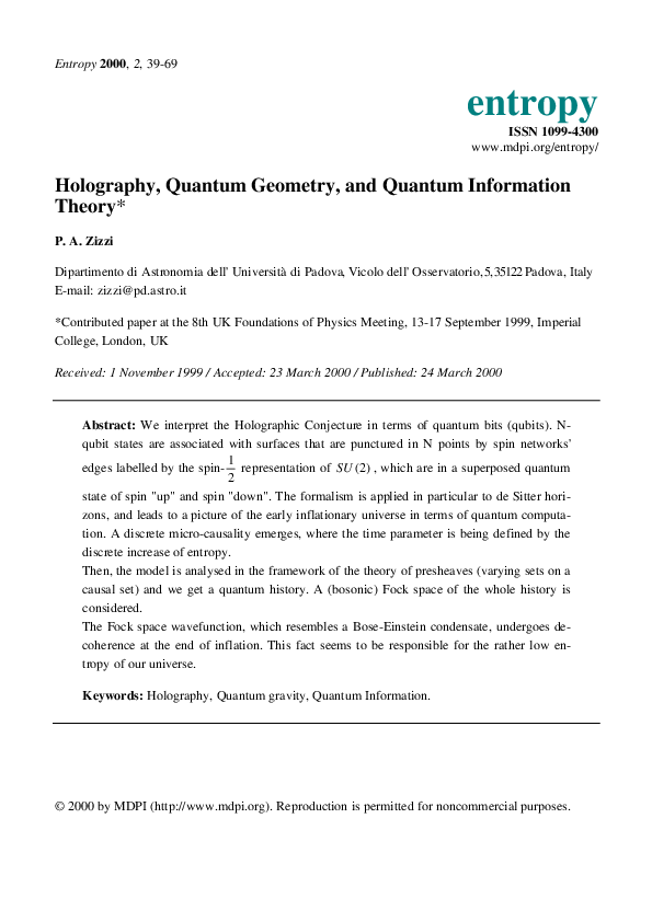 (PDF) Holography, Quantum Geometry, and Quantum Information Theory